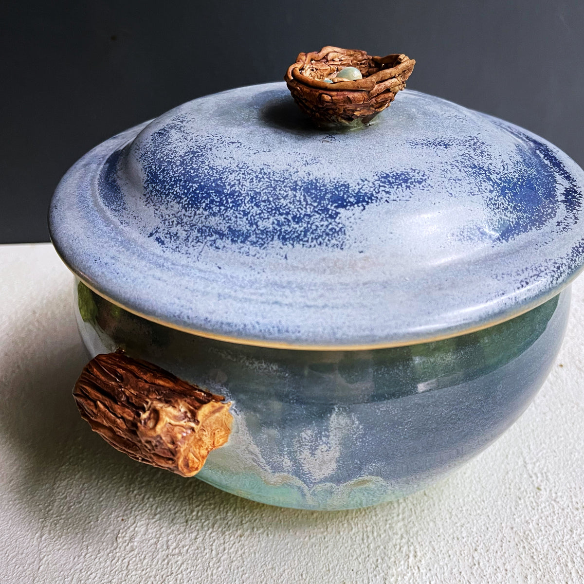 casserole Birds Nest c1 tree branch handles SPRT – Lee Wolfe Pottery
